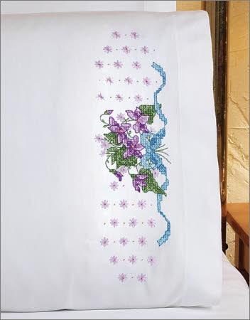 Violets Pillowcase Stamped Kit (stamped cross stitch)
