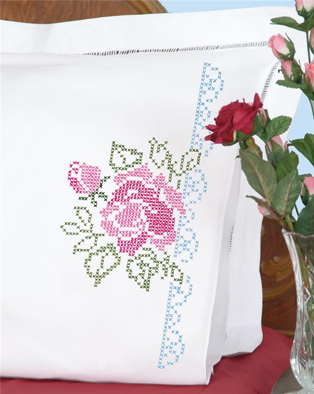 Roses Perle Edge Pillowcase (stamped cross stitch)