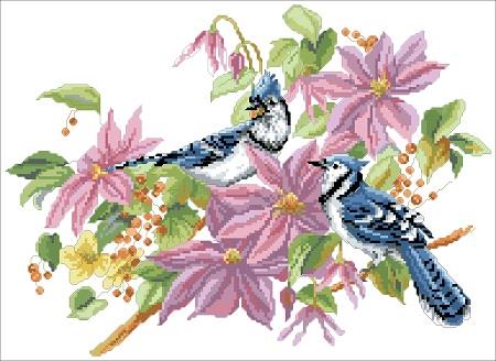 "Blue Jays and Clematis" | Cross Stitch Pattern