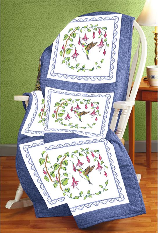 Hummingbird Stamped Cross Stitch Quilt Blocks 18"X18" 6/Pkg