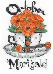 "Teacup Birth Flower-October" | Cross Stitch Pattern